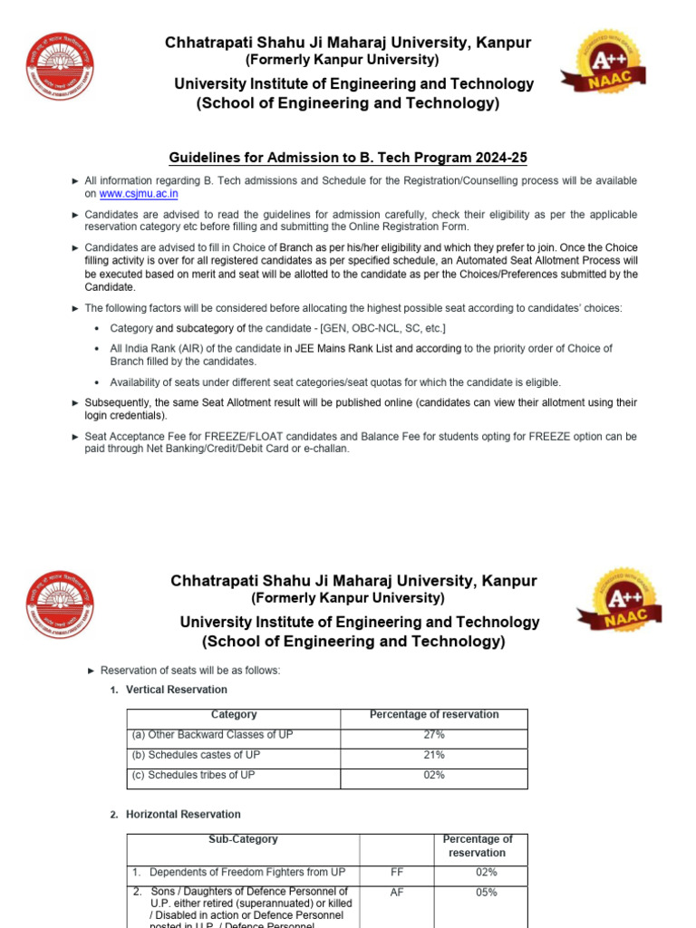 Guidelines For B. Tech Counselling 2024 25 | PDF