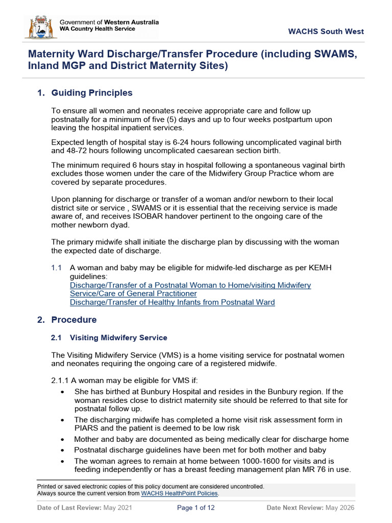 Maternity Discharge and Transfer Including SWAMS Inland MGP and ...