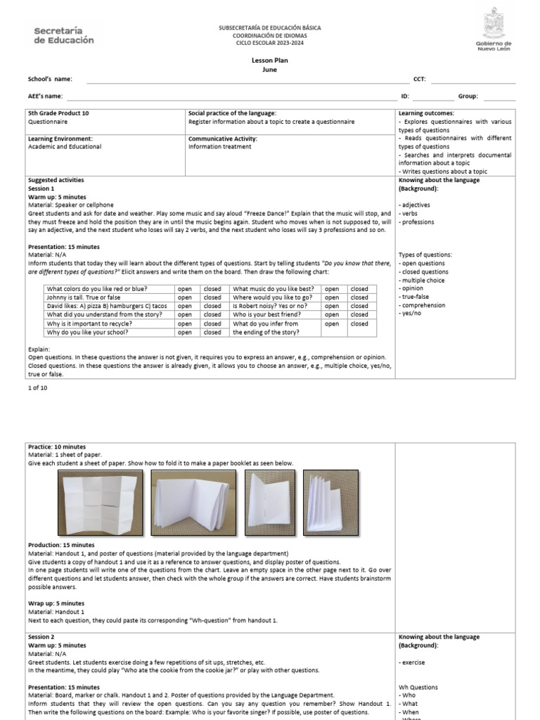 5th Grade Lesson Plan Product 10 June(1) | Download Free PDF | Question ...