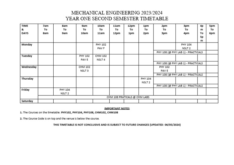 Mee Timetable Year 1 2nd Semester | PDF
