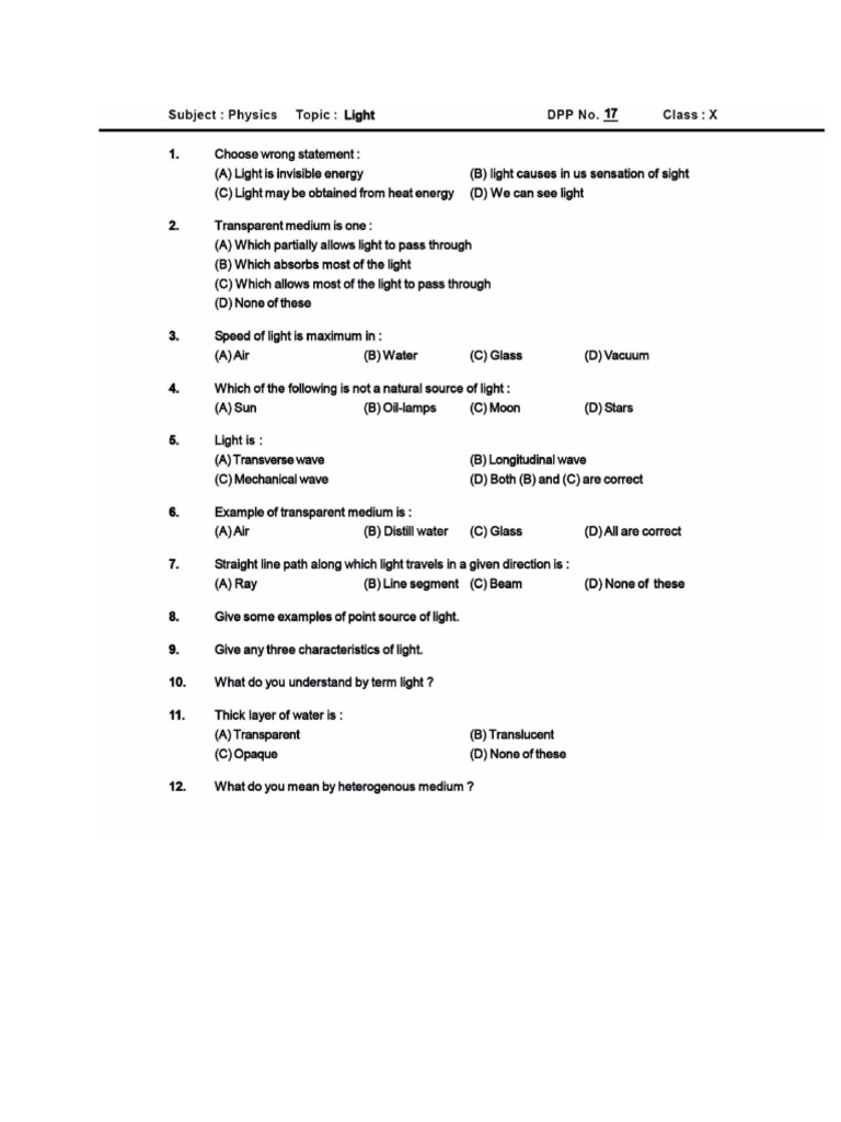 Class 10 Phy Work Sheet | PDF