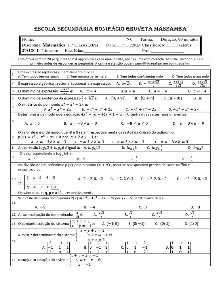 Teste de Matematica 11 Classe - 085045 | PDF | Número real | Divisão ...