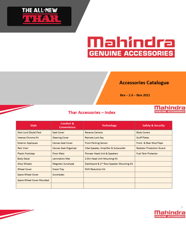 Thar (W501) Accessories Catalogue - V2.2 | PDF | Headlamp | Loudspeaker