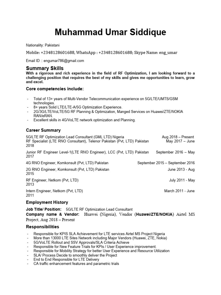 Resume - 5G - LTE Optimization Lead - Muhammad Umar Siddique | PDF | Lte (Telecommunication) | 4 G