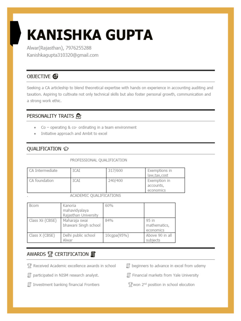 CA Articleship Resume of Kanishka Gupta | PDF