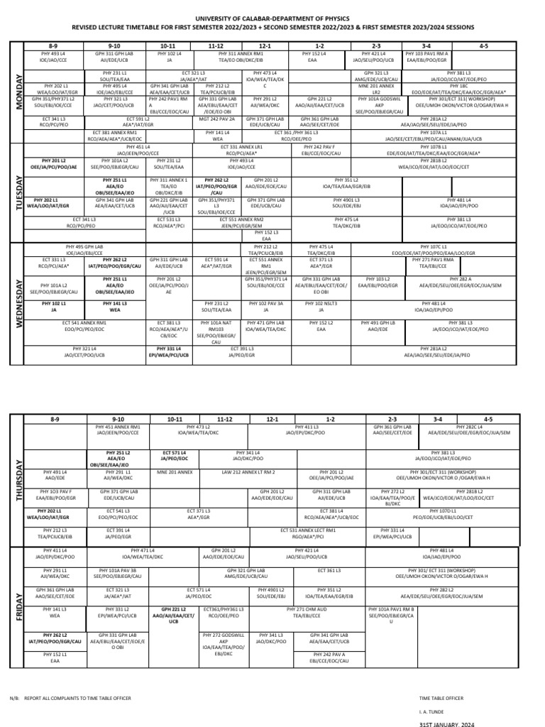 REVISED 2024 First Semester Phy Time table. | PDF