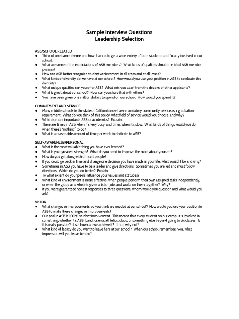 Sample Leadership Interview Questions | PDF | Social Psychology | Cognition