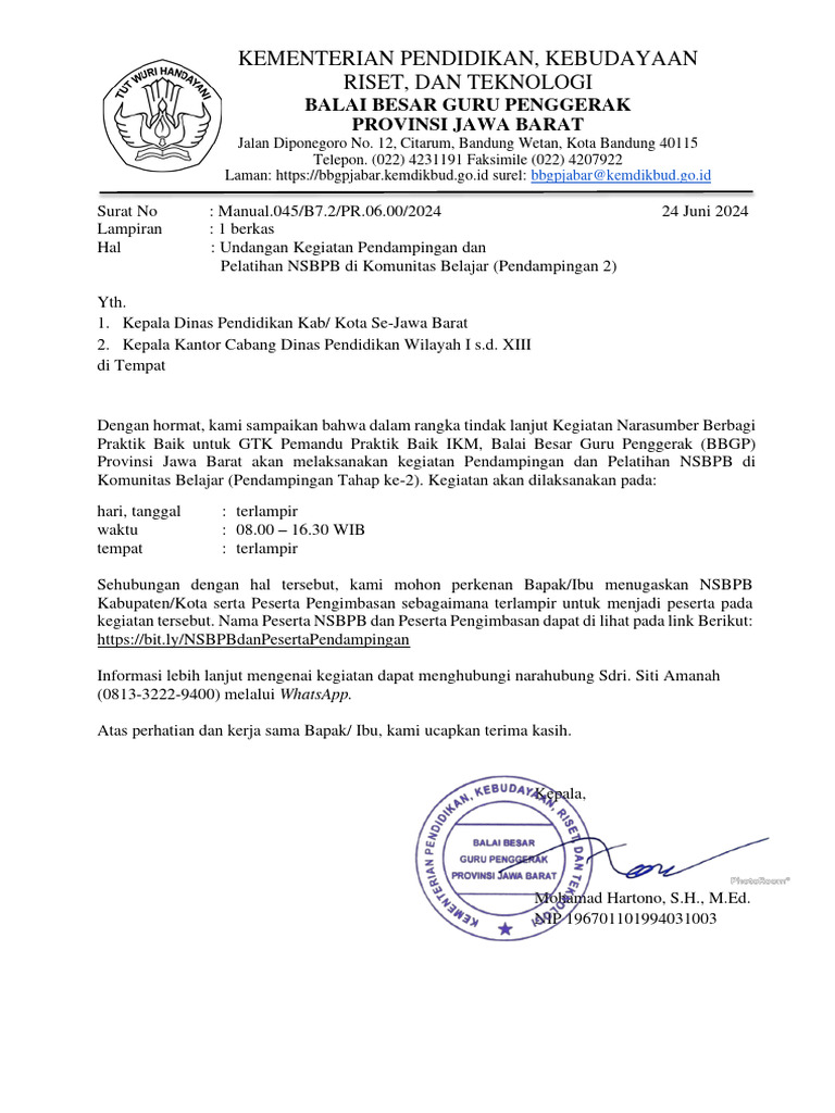 Manual - 045 - Undangan Kegiatan Pengimbasan NSBPB Dan Peserta Pengimbasan Tahap II-Edit T | PDF