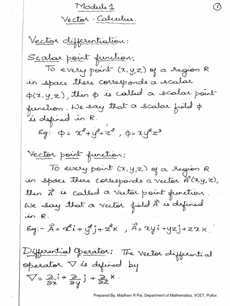 Notes 1- Module 1- Vector Calculus Introduction | PDF