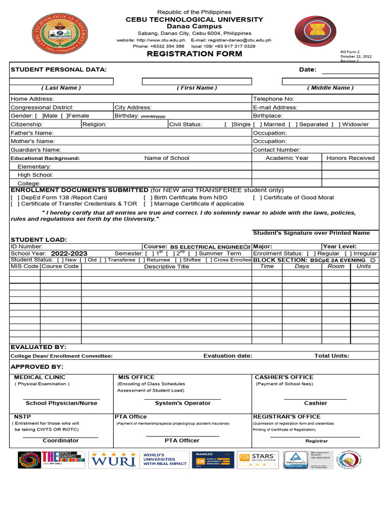 CoE RO Form 2 Registration Form With New CTU Logo Wuri 4 2 | PDF