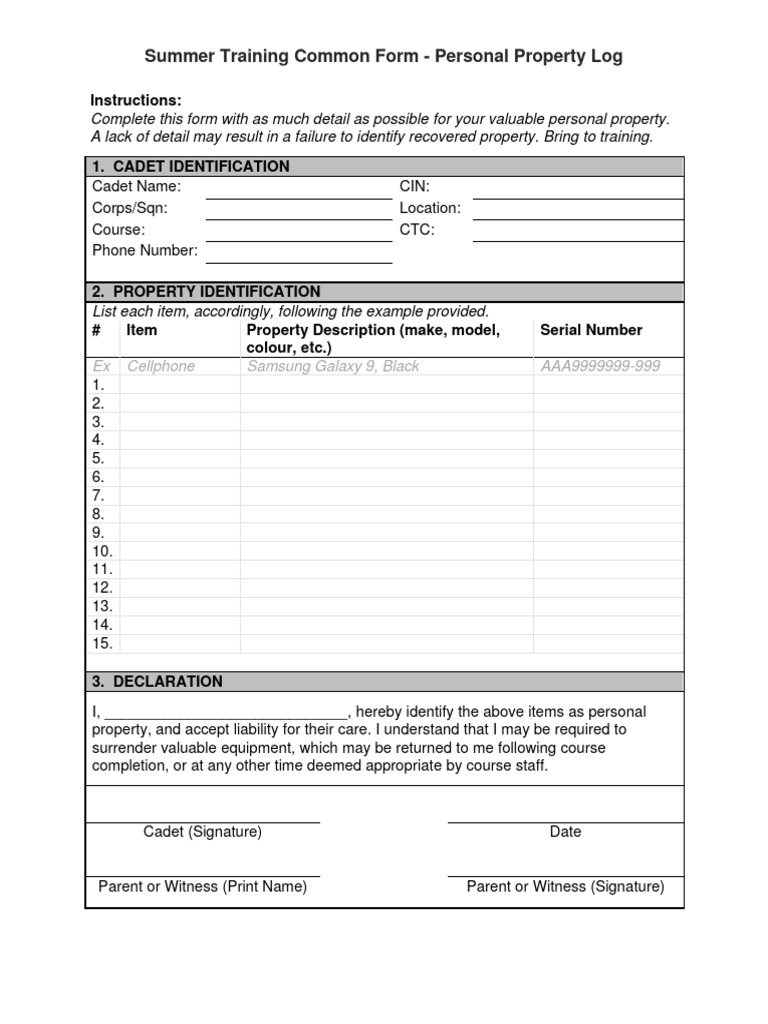 Personal Property Log for Cadets | PDF