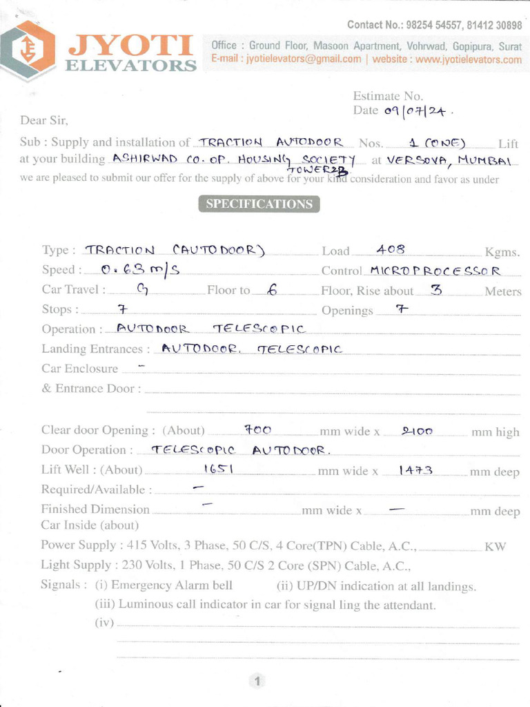 JYOTI ELEVATORS ASHIRWAD 2B QUOTATION-compressed | PDF
