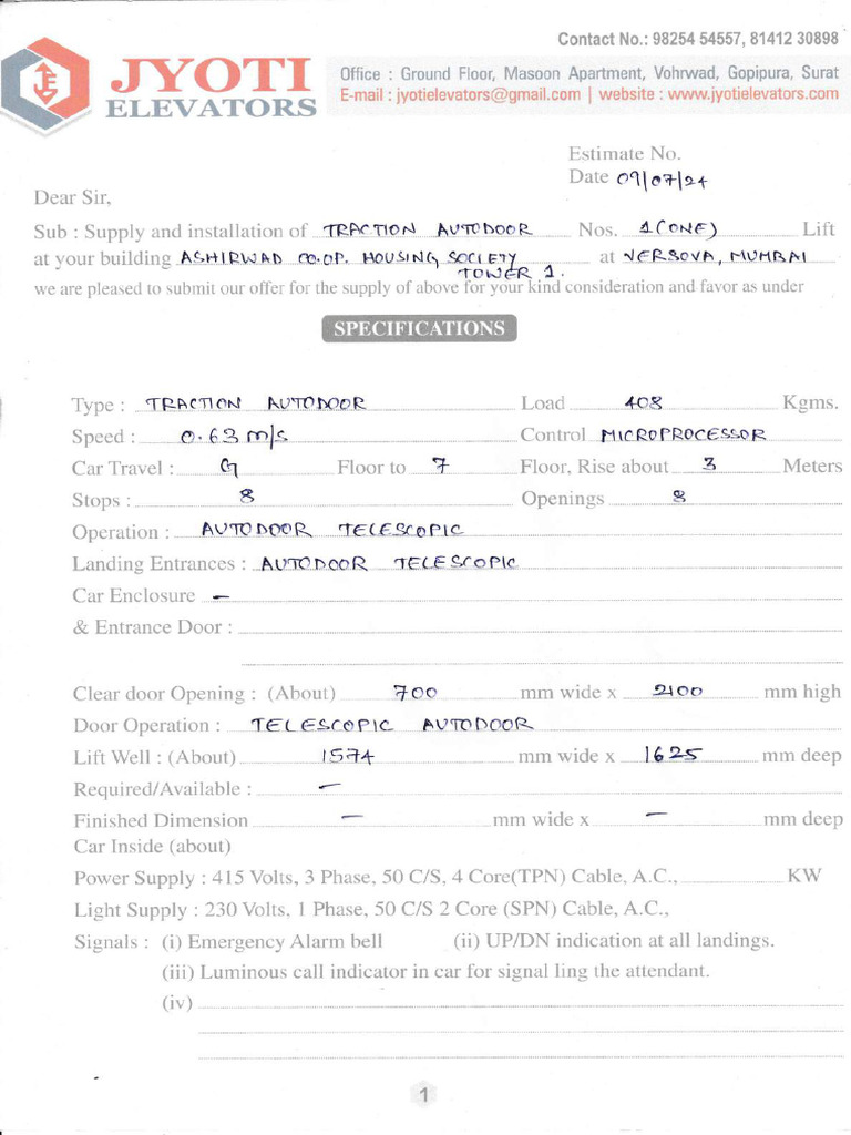 JYOTI ELEVATORS ASHIRWAD 1 QUOTATION-compressed | PDF