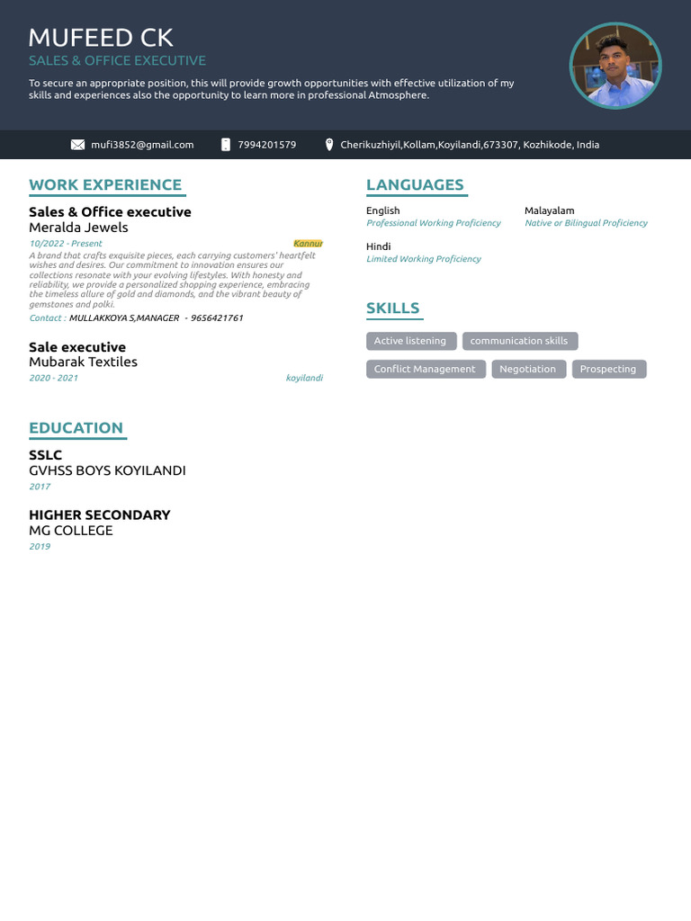 Sales Executive Resume for Mufeed CK | PDF | Career & Growth | Business