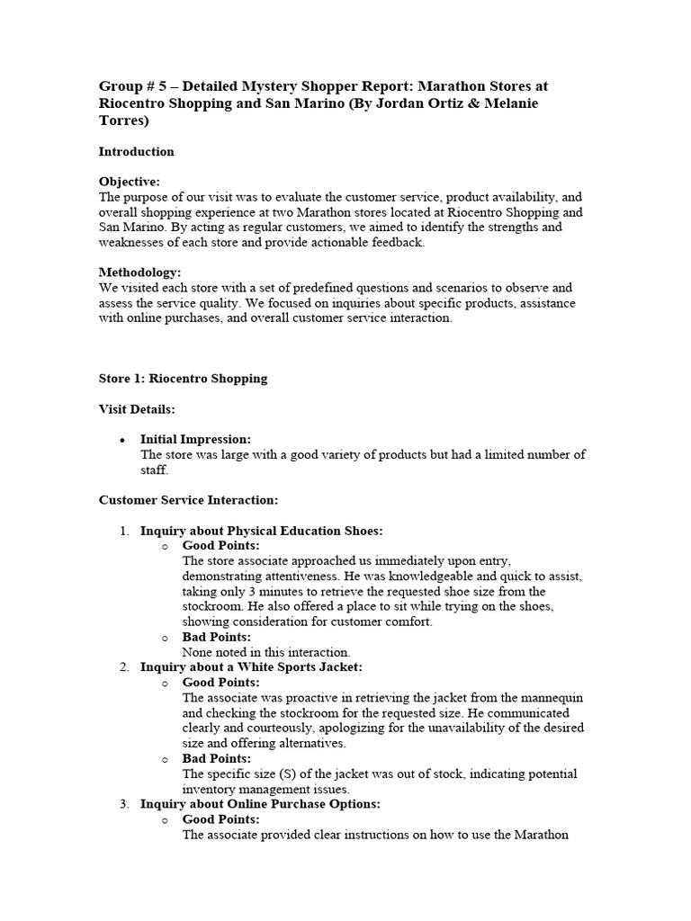 Detailed Mystery Shopper Report | PDF | Inventory | Pricing