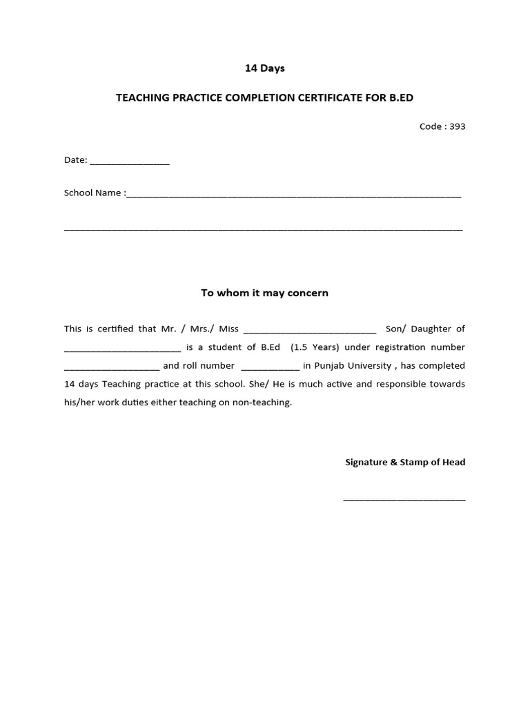 Aiou 14 Days Teaching Practice Completion Certificate For B.ed | PDF ...