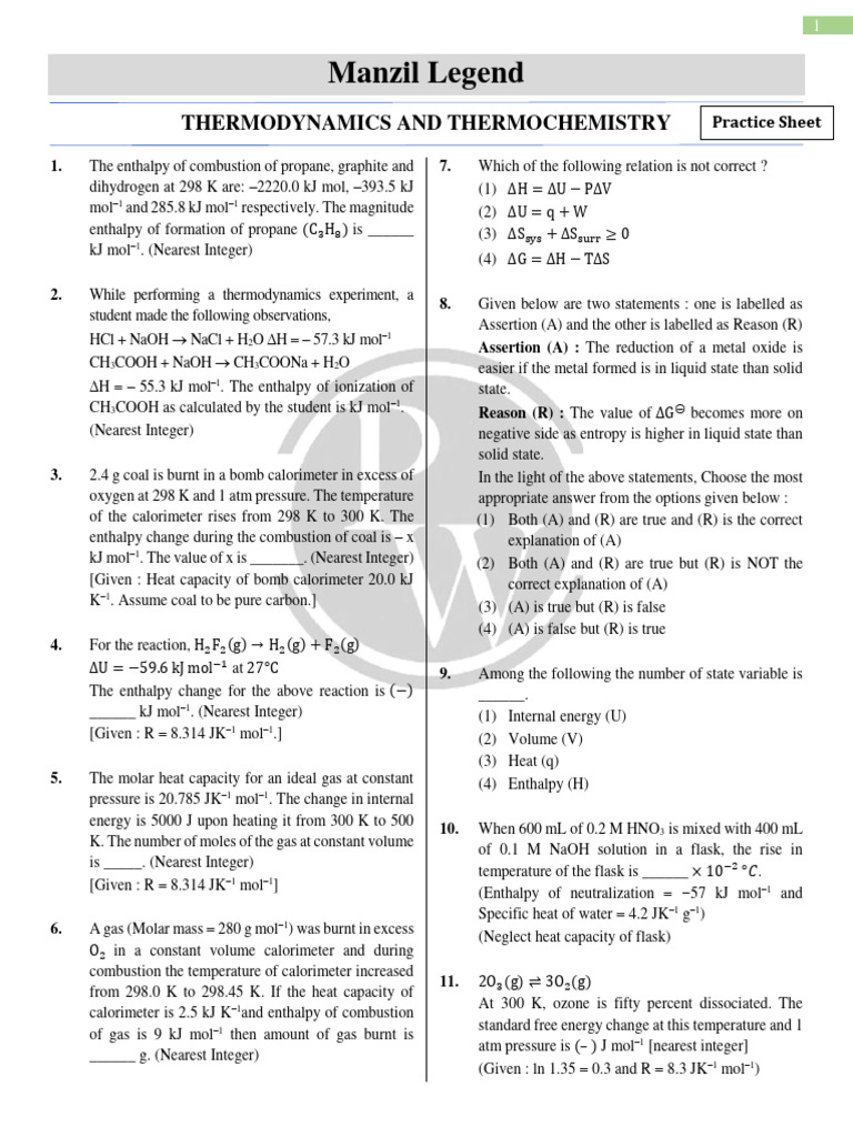 Thermodynamics & Thermochemistry _ Practice Sheet __ Manzil Legends-JEE | PDF | Enthalpy | Heat ...