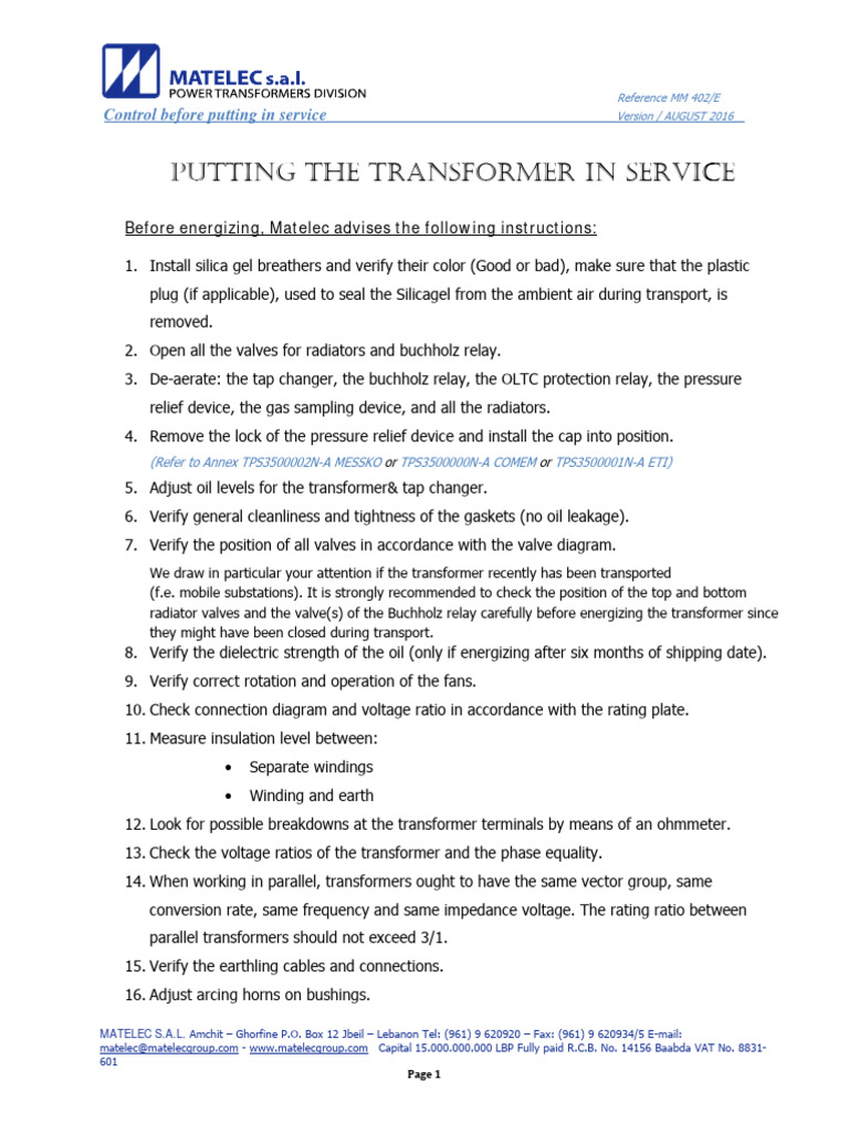 2 - Putting The Transformer in Service | PDF | Transformer | Relay