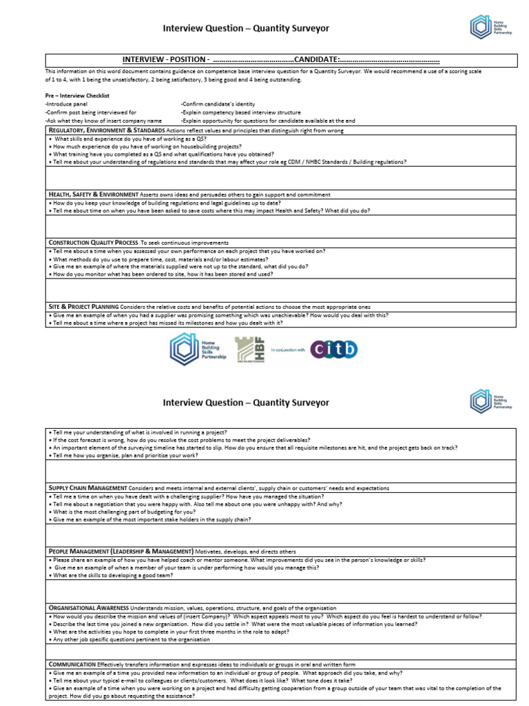 HBSP Quantity Surveyor Sample Interview Questions | PDF | Supply Chain | Business