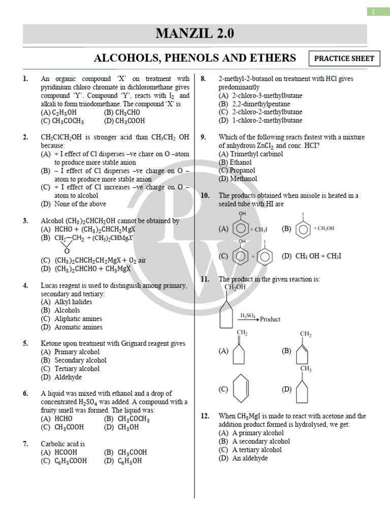 Alcohols, Phenols & Ether _ Practice Sheet (2) | PDF | Ether | Organic Chemistry