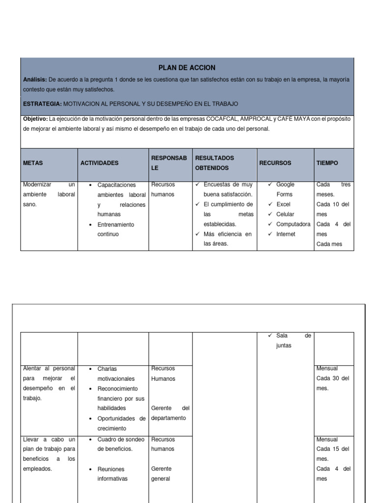 Plan de Accion | PDF | Gestión de recursos humanos | Motivación