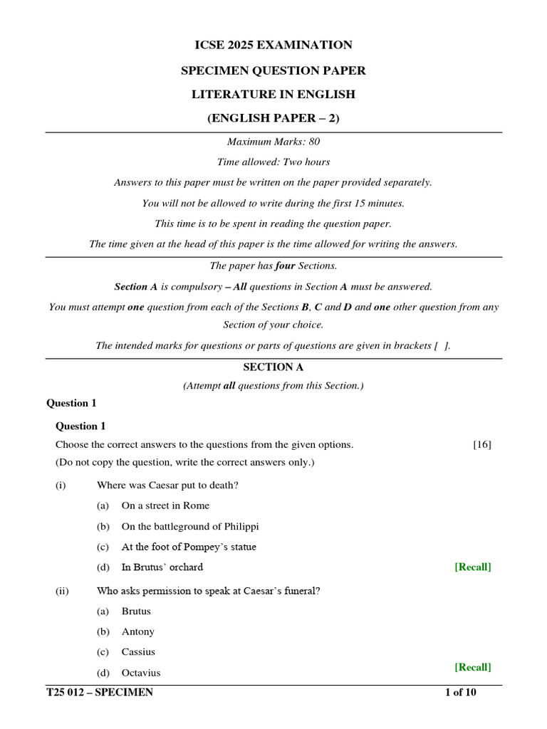 ICSE 2025 English Literature Specimen Paper | PDF | Julius Caesar ...