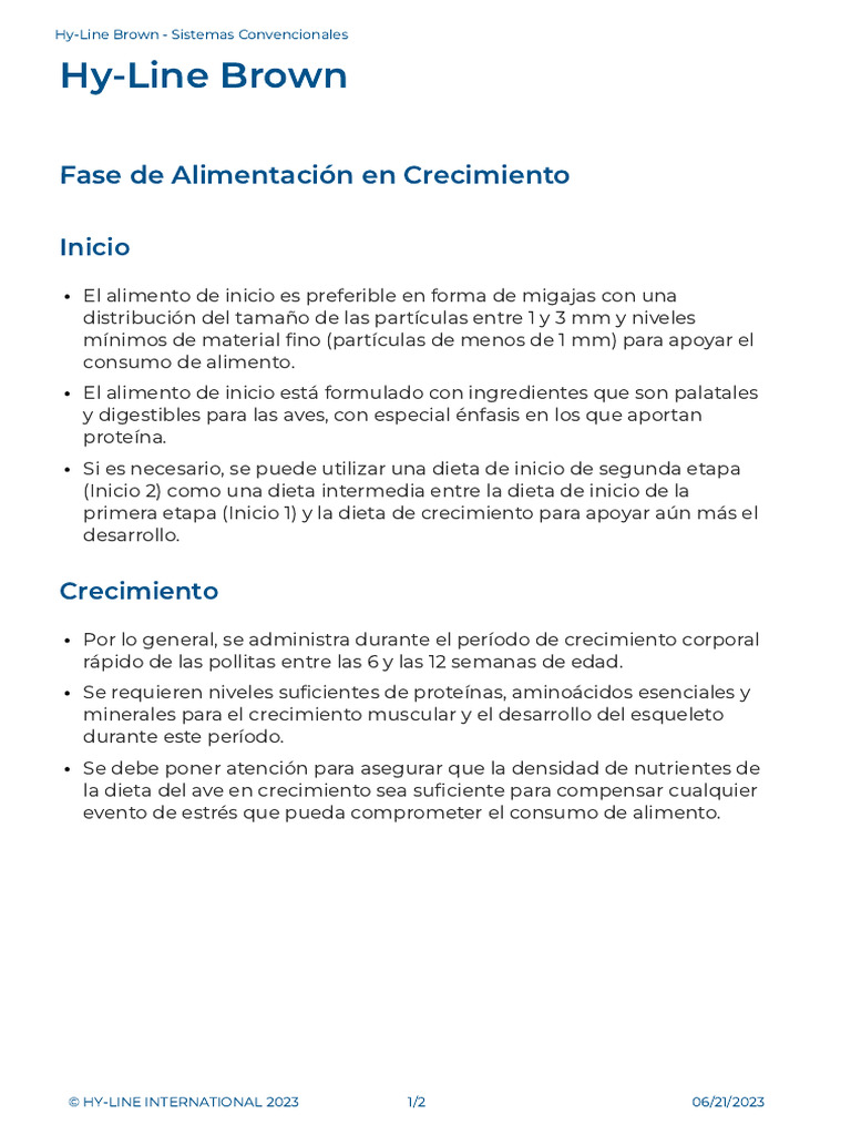 Hy-Line Brown Sistemas Convencionales Español | PDF | Dieta | Alimentos