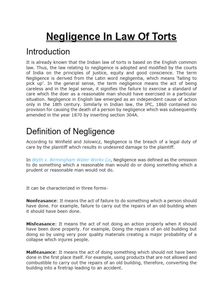 Negligence in Law of Torts | PDF | Negligence | Causation (Law)