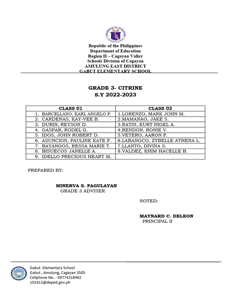 Grade 3 Class List - Gabut Elementary | PDF
