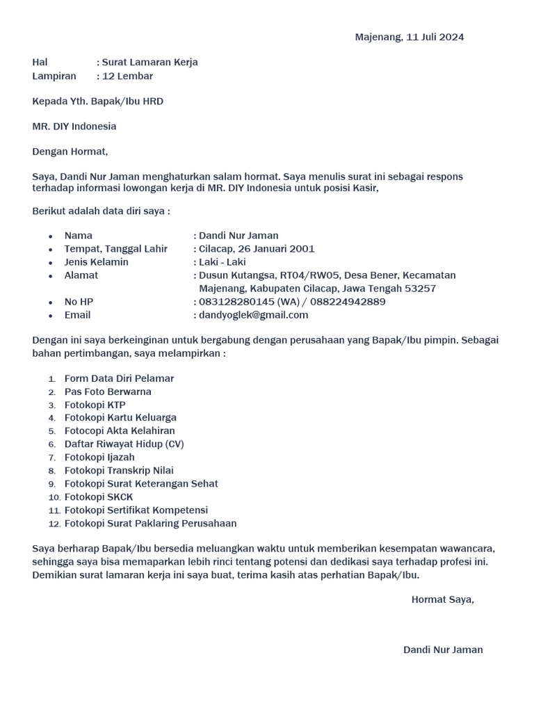 Surat Lamaran Pekerjaan MR. DIY Indonesia | PDF