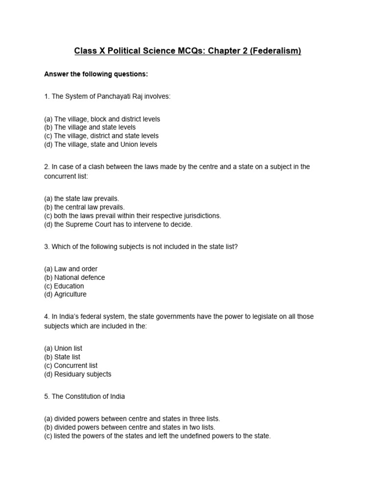 66 Class X Political Science Chapter 2 Federalism MCQ Questions | PDF ...