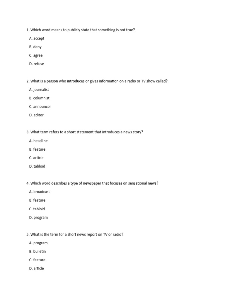Media Vocabulary Quiz and Answers | PDF | News | Adjective