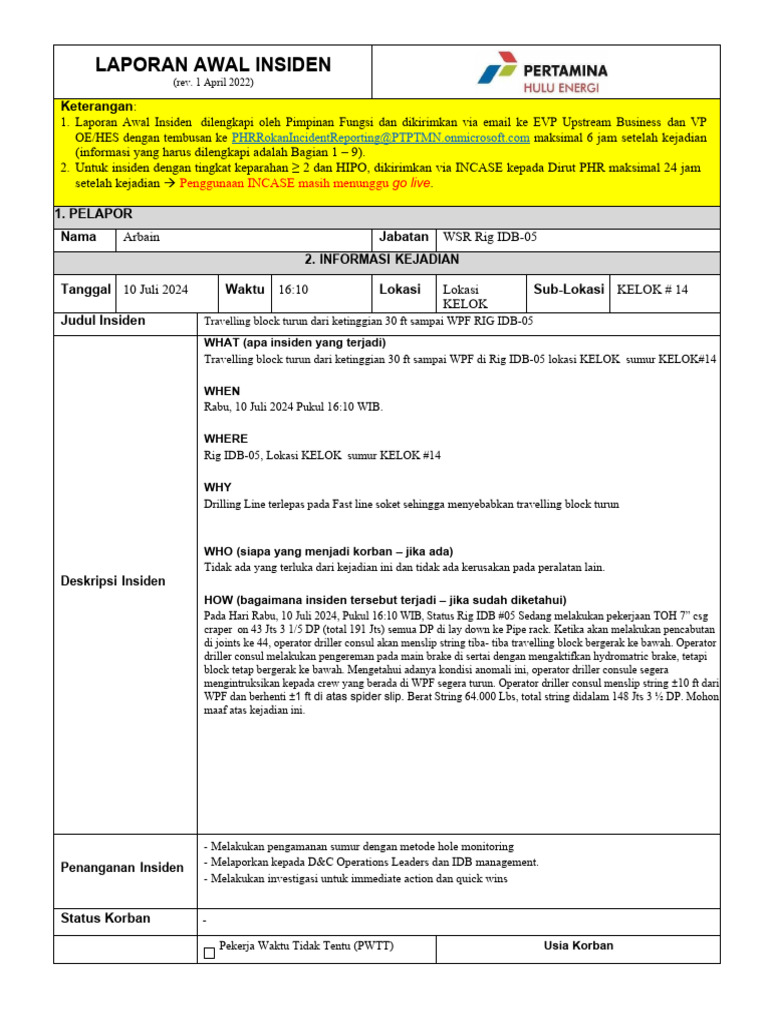 Travelling Block Turun Dari Ketinggian 30 FT Sampai WPF RIG IDB-05 | PDF