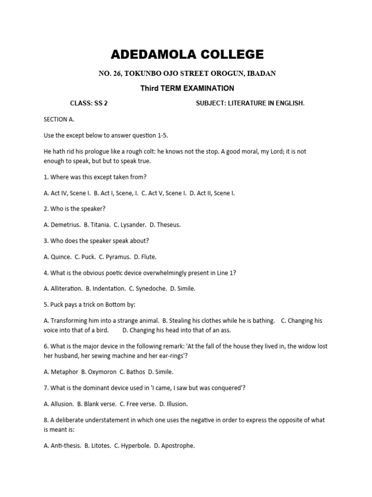 SS2 Literature Exam Question 2 | PDF