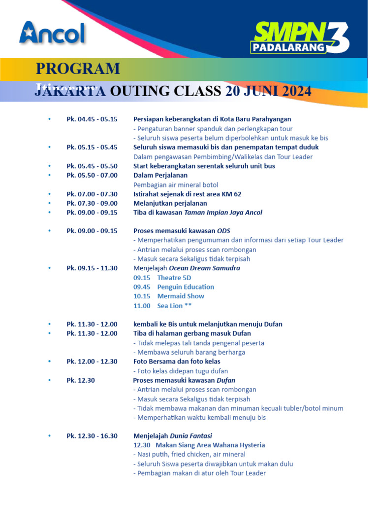 Rundown Study Tour Kelas 8 (Dufan) | PDF