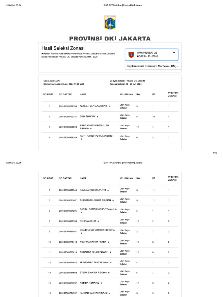 Hasil Seleksi SMAN 22 | PDF