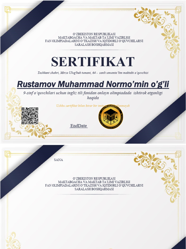 Sertifikat: Rustamov Muhammad Normo'min O'g'li | PDF