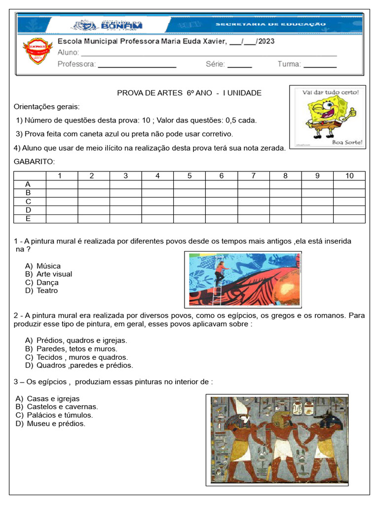 PROVA DE ARTES 6º ANO I UNIDADE | Download grátis PDF | Pinturas | Arte ...