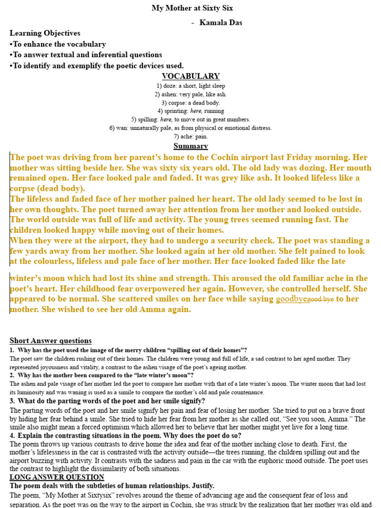 My Mother at Sixty Six Notes | PDF | Psychology