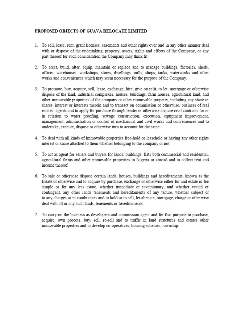 Proposed Object Clause For Guava Relocate Limited | PDF | Property ...