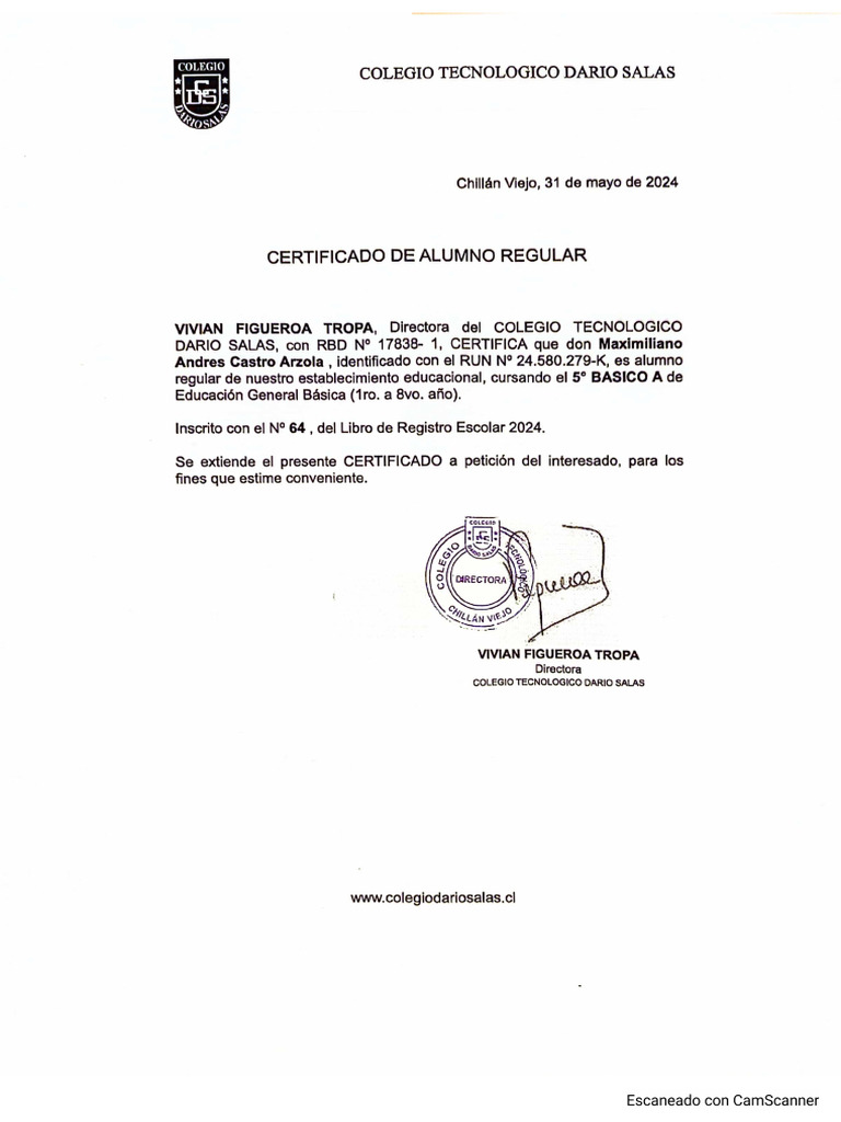 Certificado de Alumno Regular Maximiliano Castro | PDF