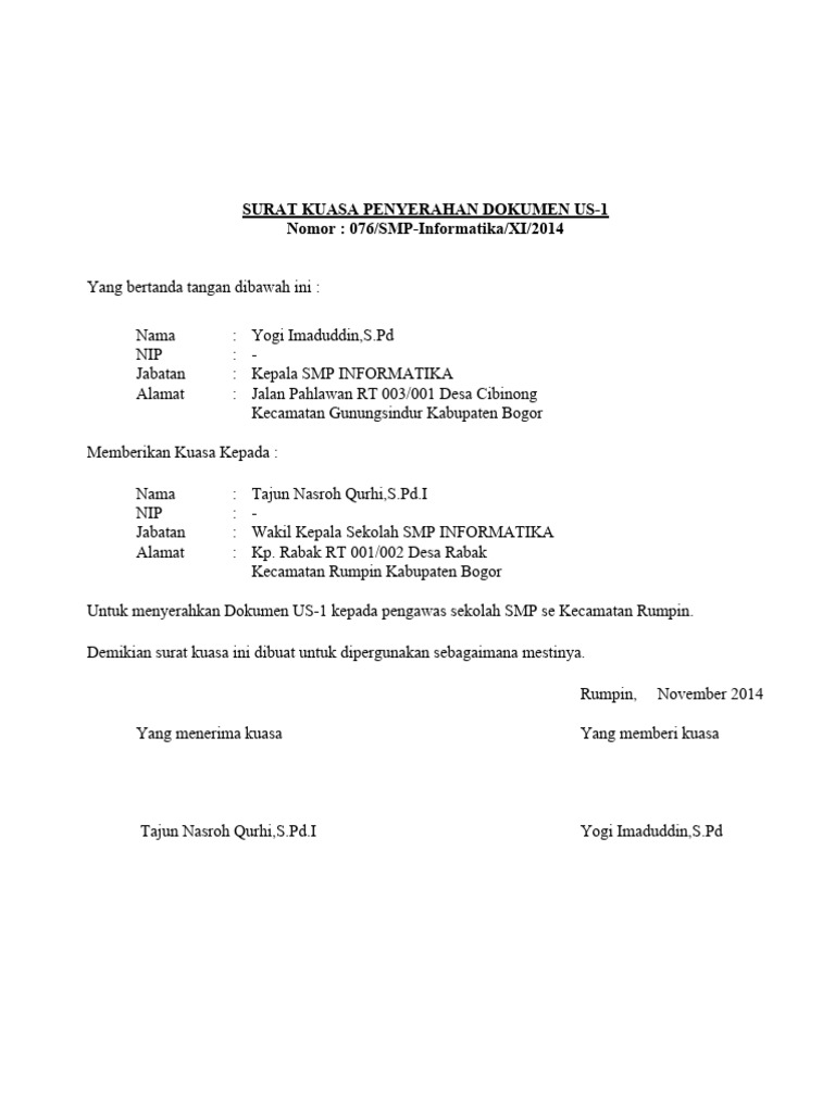 Surat Kuasa Penyerahan Dokumen Us 1 | PDF