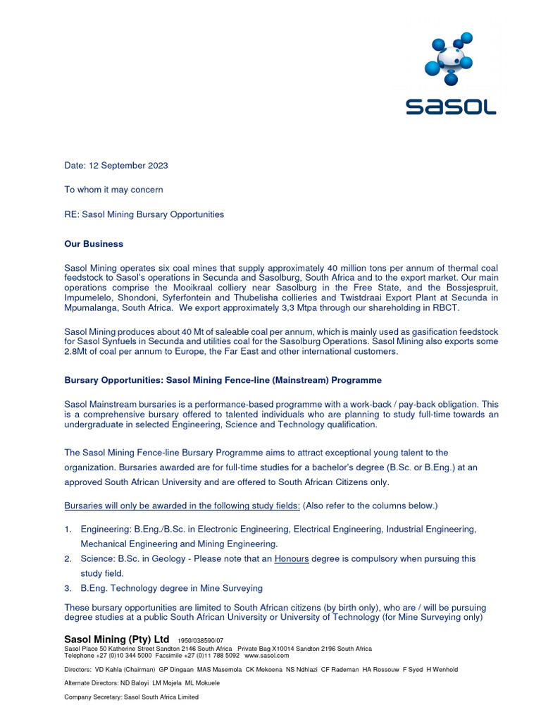Sasol Mining Bursary Opportunities 2024 | PDF | Educational Stages