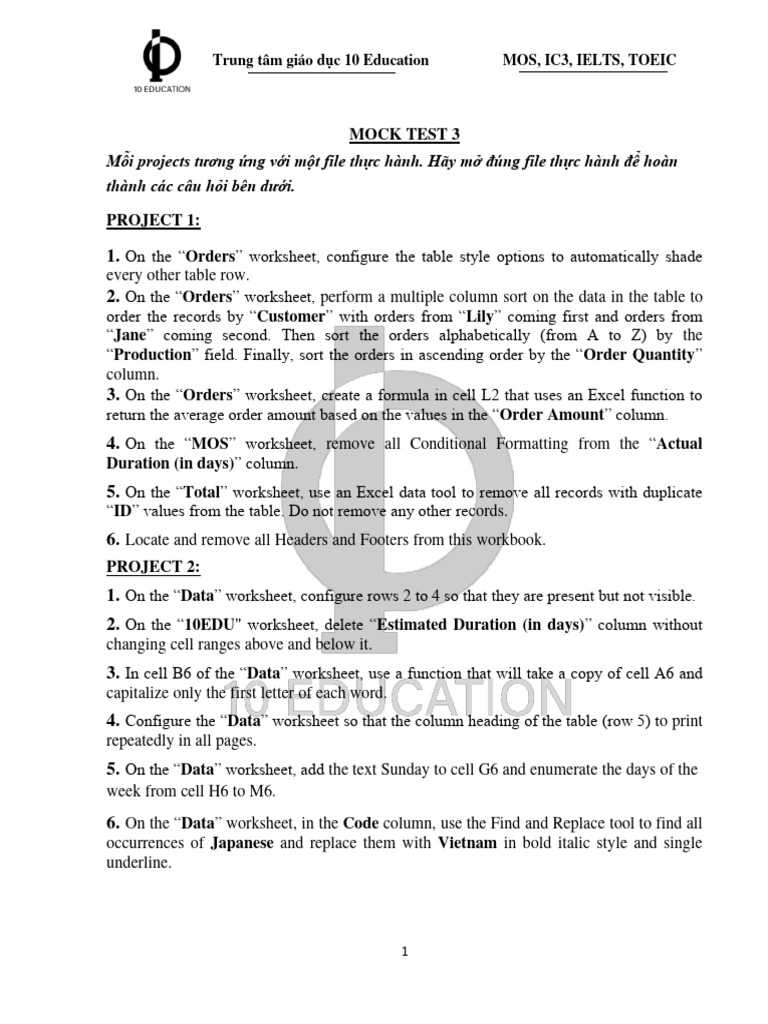 Mock Test 3: Excel Practice Tasks | PDF | Worksheet | Chart