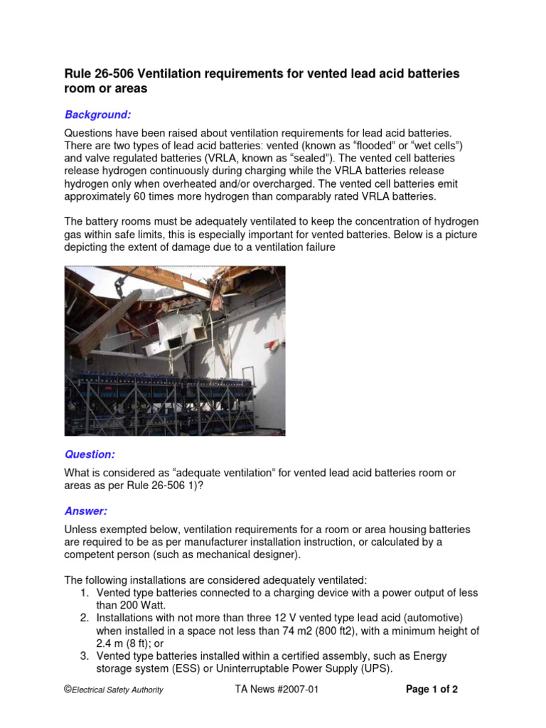 Vented Lead Acid Battery Ventilation Rules | PDF | Electrical ...