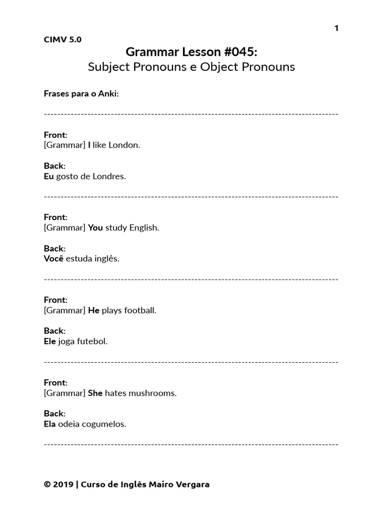 PDF Grammar Lesson 045 Subject Pronouns e Object Pronouns | Download ...