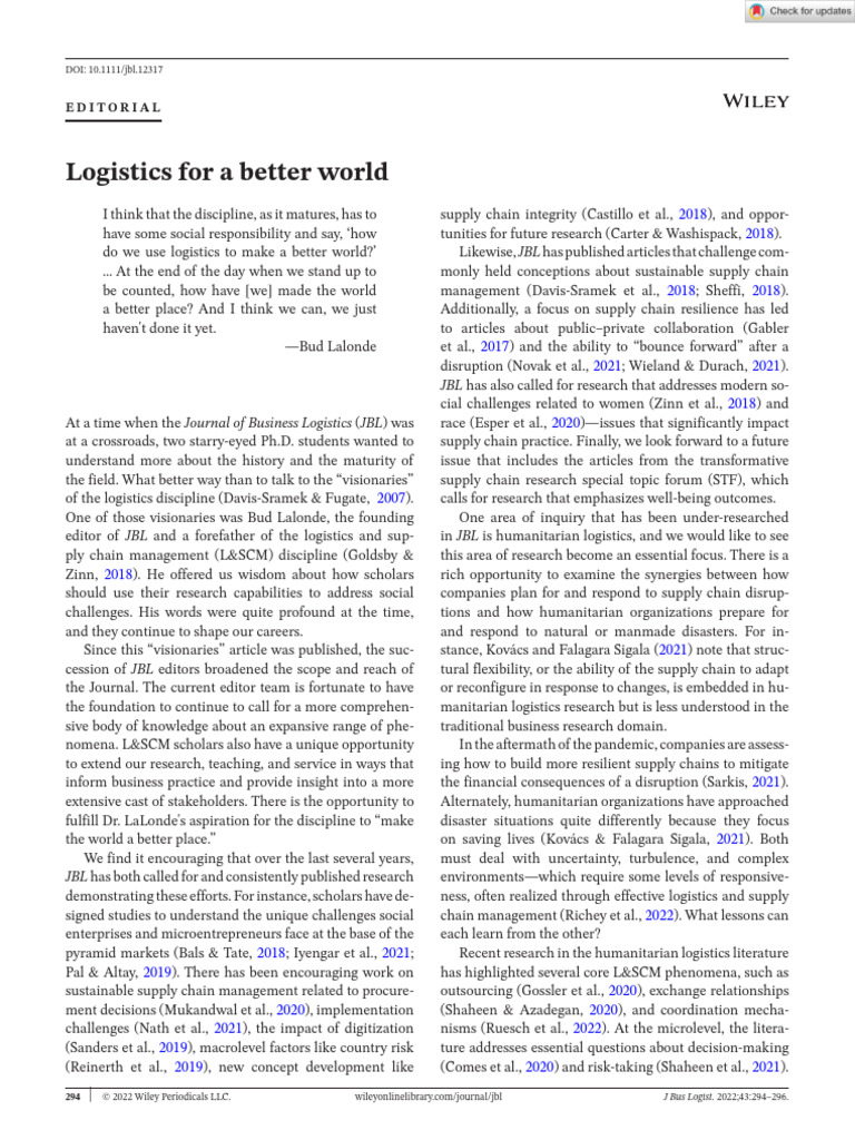 J of Business Logistics - 2022 - Davis Sramek - Logistics For A Better World | PDF | Supply ...