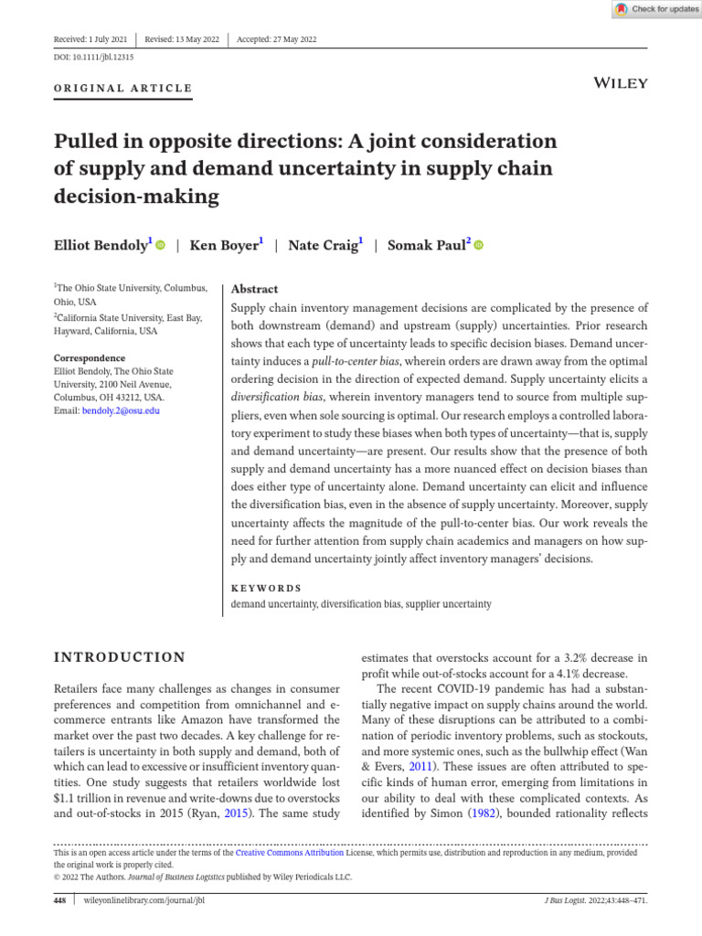 J of Business Logistics - 2022 - Bendoly - Pulled in opposite ...