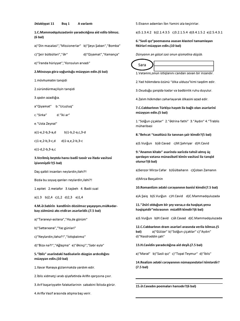 Ədəbiyyat 11 BSQ 1 A Variantı - 095952 | PDF