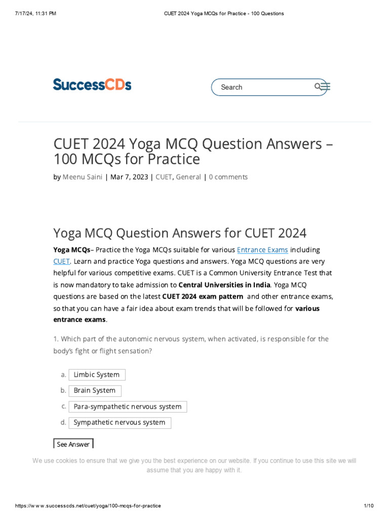 CUET 2024 Yoga MCQs for Practice | PDF | Asana | Yoga